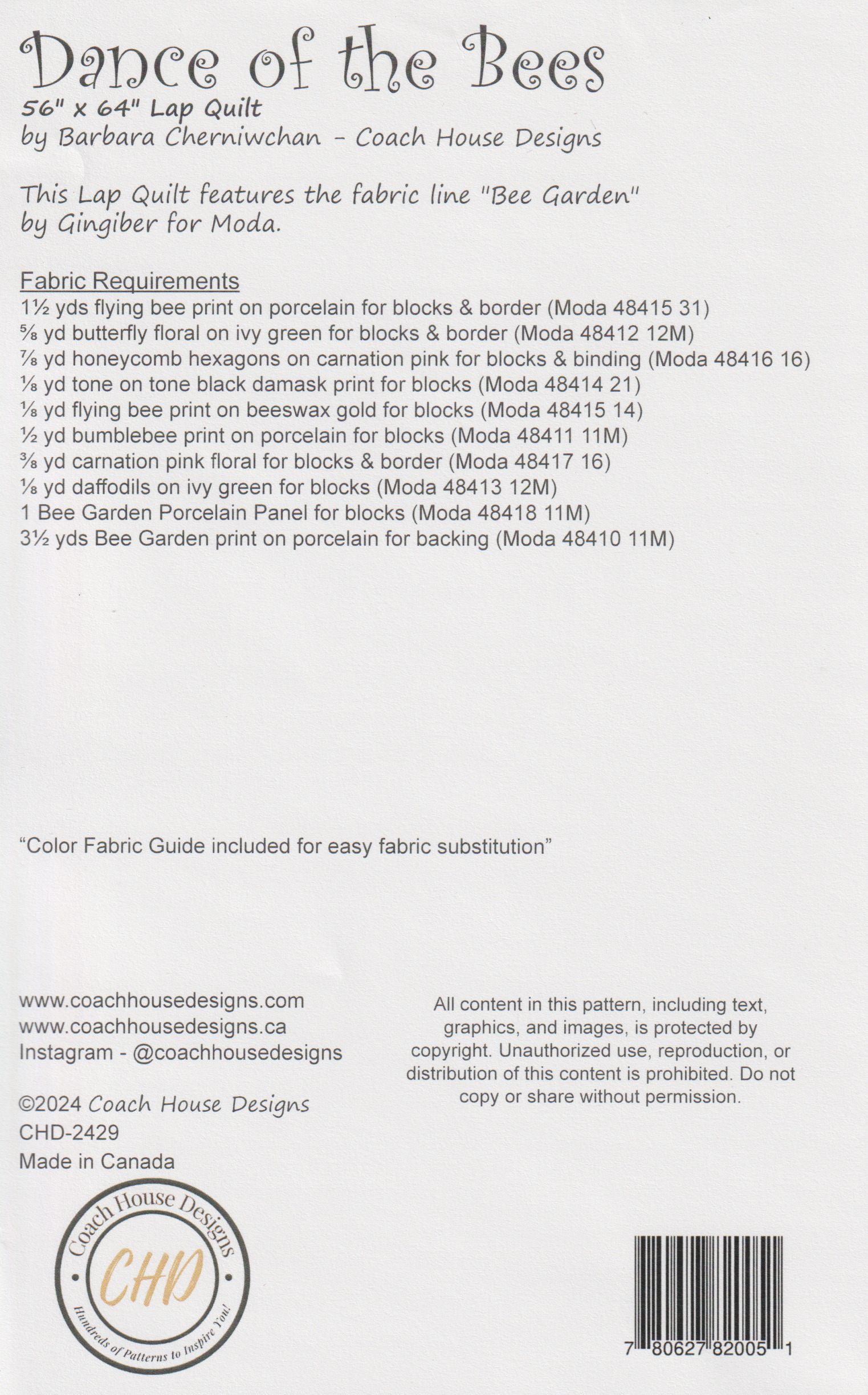 Coach House Designs Dance of the Bees - Quilt Pattern - 123Stitch